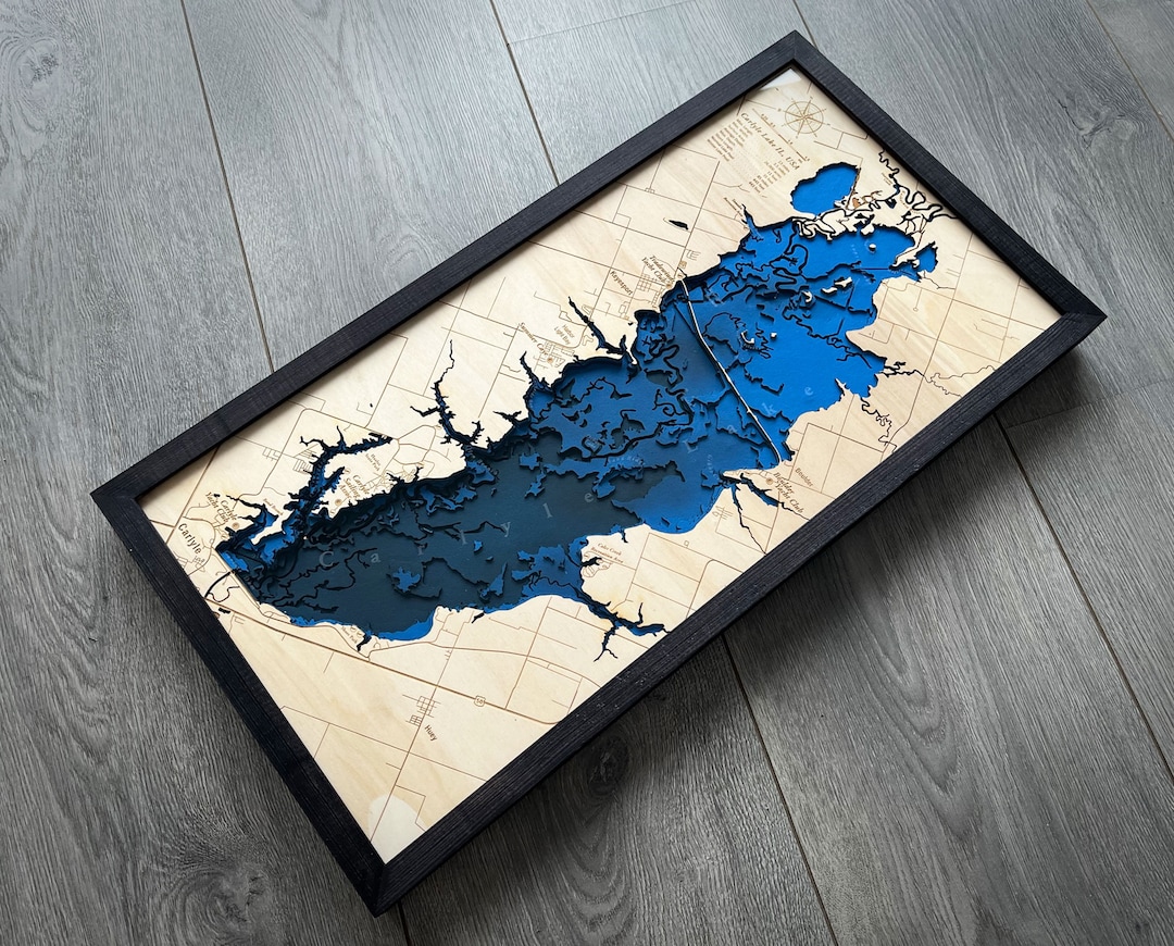 Carlyle Lake 12"x 24" or 16"x 32", 3D Bathymetry-topographic / Wood ...