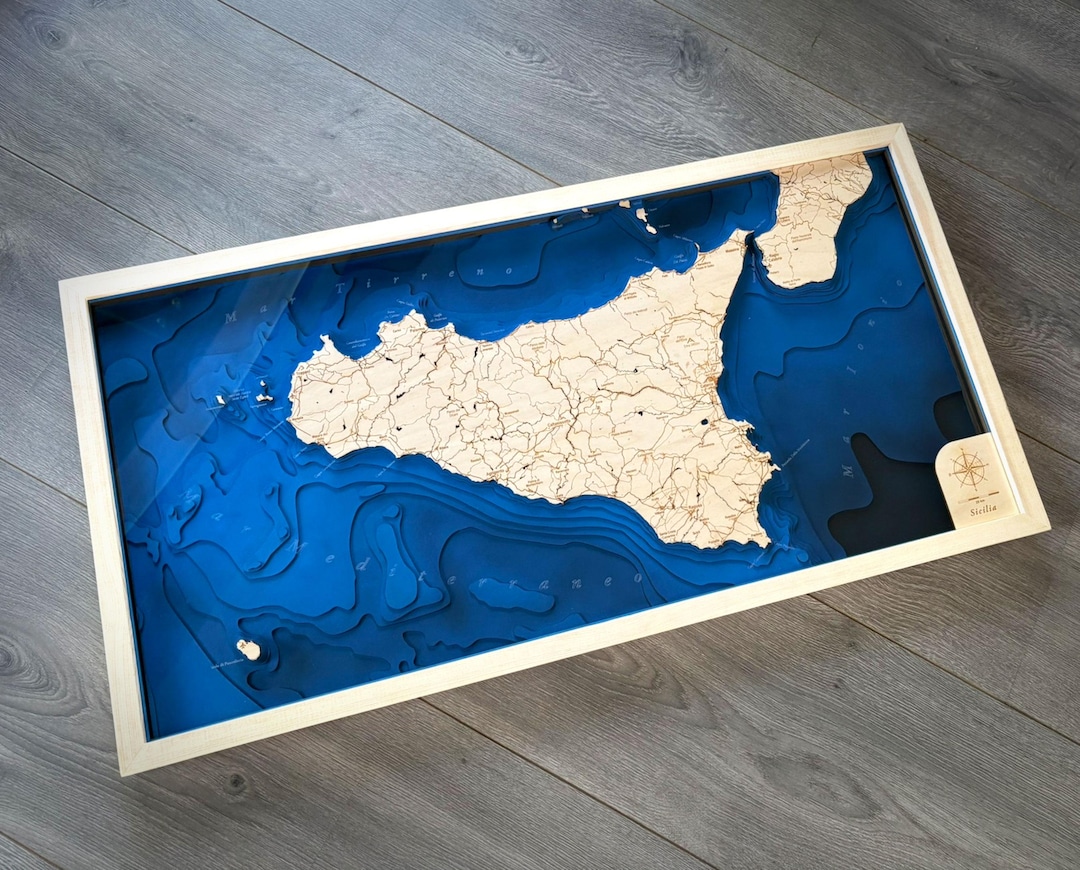 Sicily Island 3D Wooden Map - Engraved Topographic Wall Art - Etsy