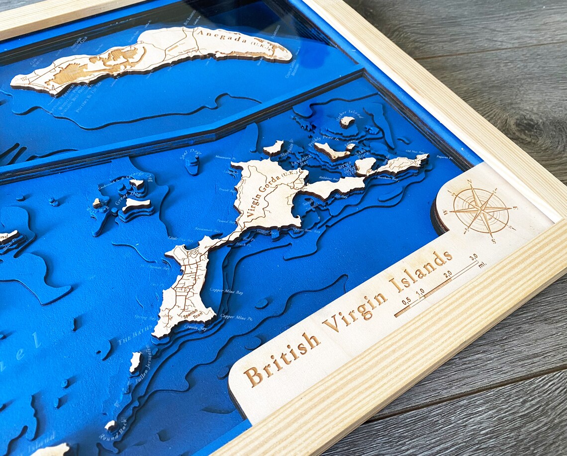 British Virgin Islands BVI Wooden Map Engraved Bathymetry | Etsy
