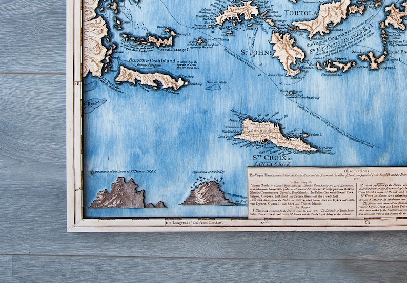 Virgin Islands (BVI) Vintage Wooden Map 24"x 31" / 1775 Year ...