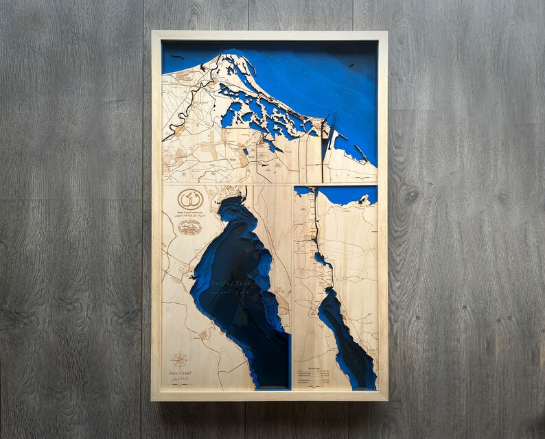 Suez Canal Map 16"x 32", 3D Bathymetry-topographic / Wood Sea Ocean ...