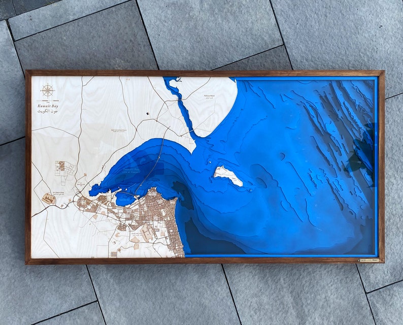 Kuwait Bay 32"x 16", 3D Bathymetry-topographic / Wood Sea Art Map - Etsy