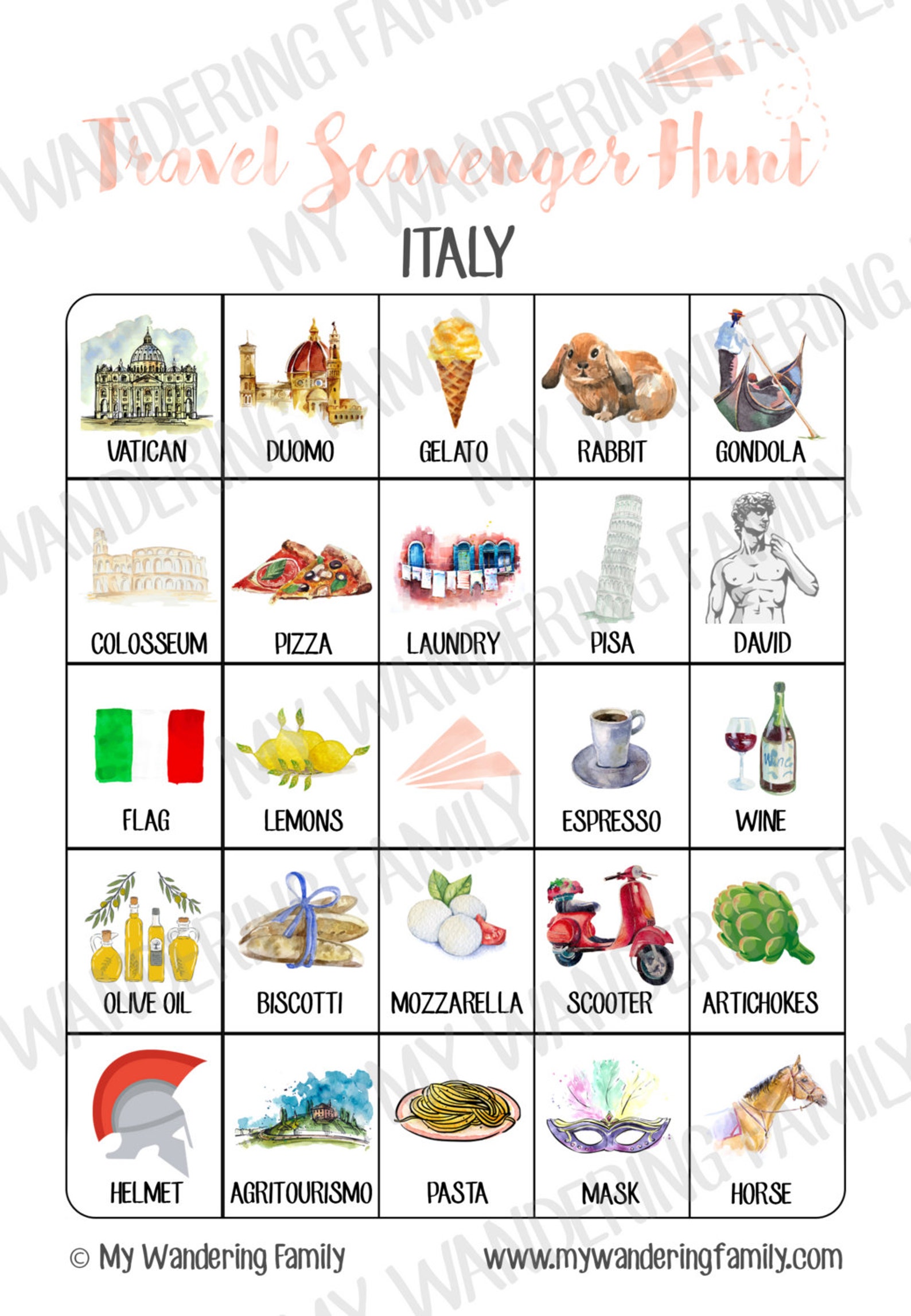 Italy Scavenger Hunt Game PRINTABLE Instant Download. Game for Kids and ...