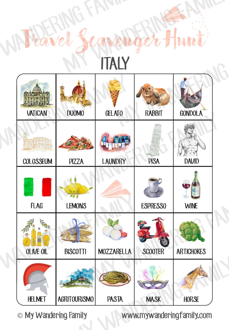 Italy Scavenger Hunt Game PRINTABLE Instant Download. Game for Kids and ...