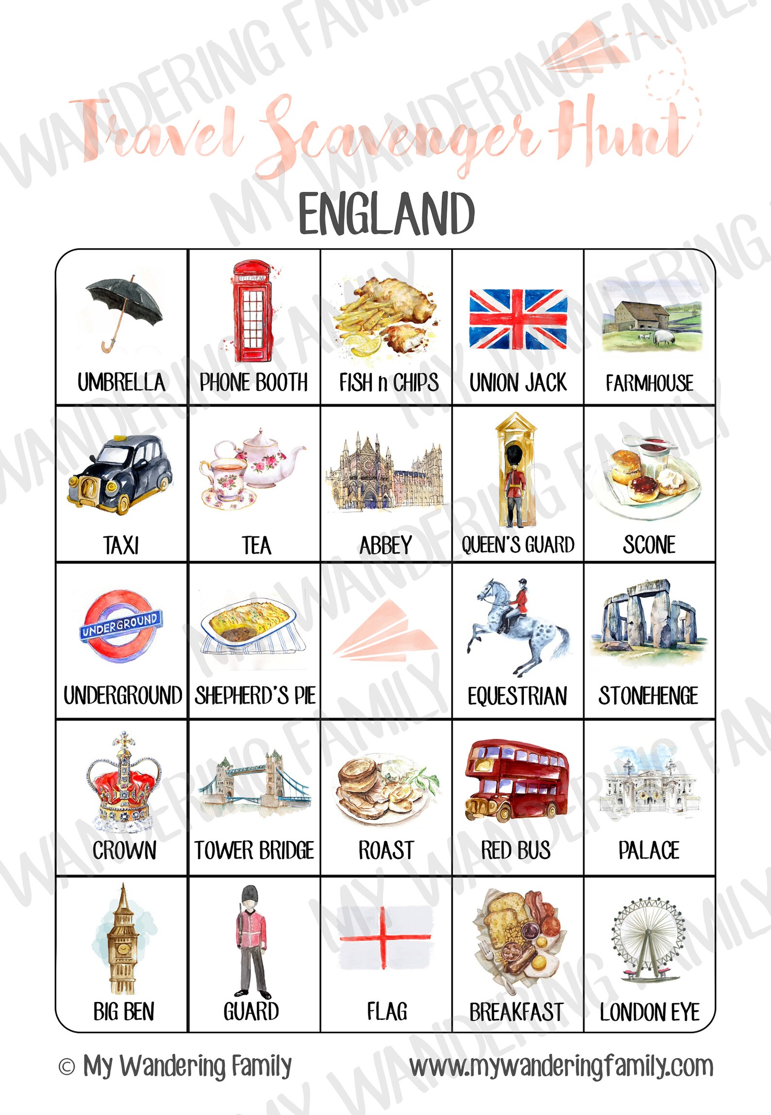 England Scavenger Hunt PRINTABLE Instant Download. Game for Kids and ...