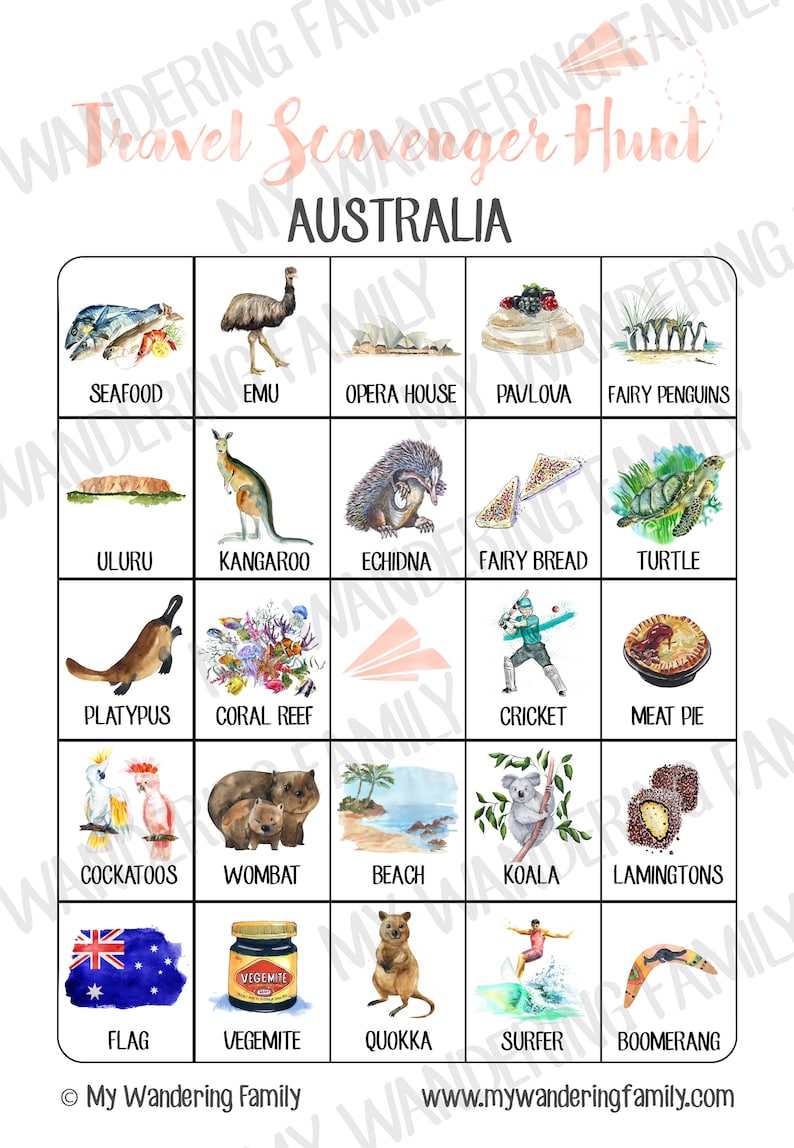 Australia Scavenger Hunt Game PRINTABLE Instant Download. - Etsy