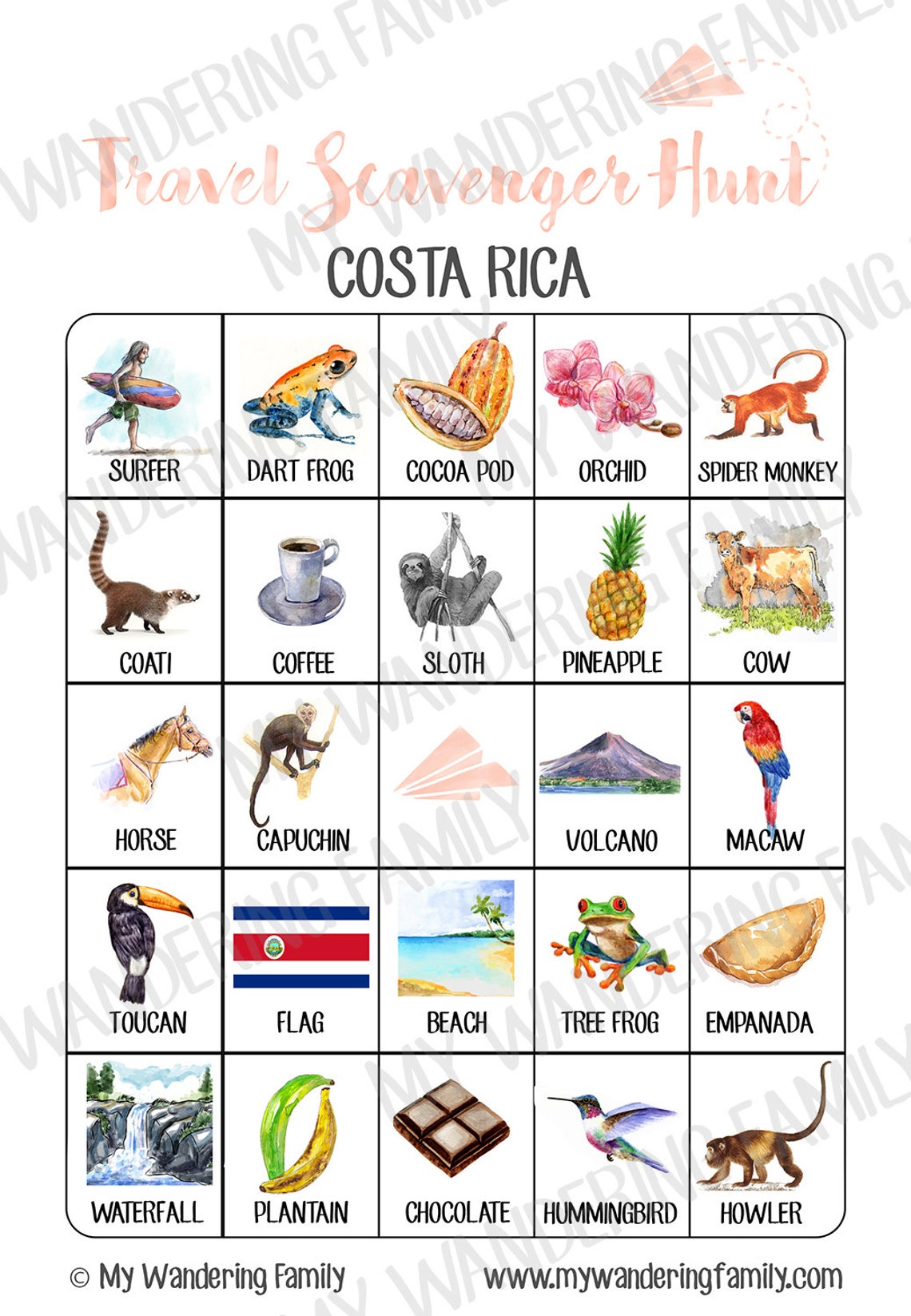 Costa Rica Scavenger Hunt Game PRINTABLE Instant Download. Game for ...