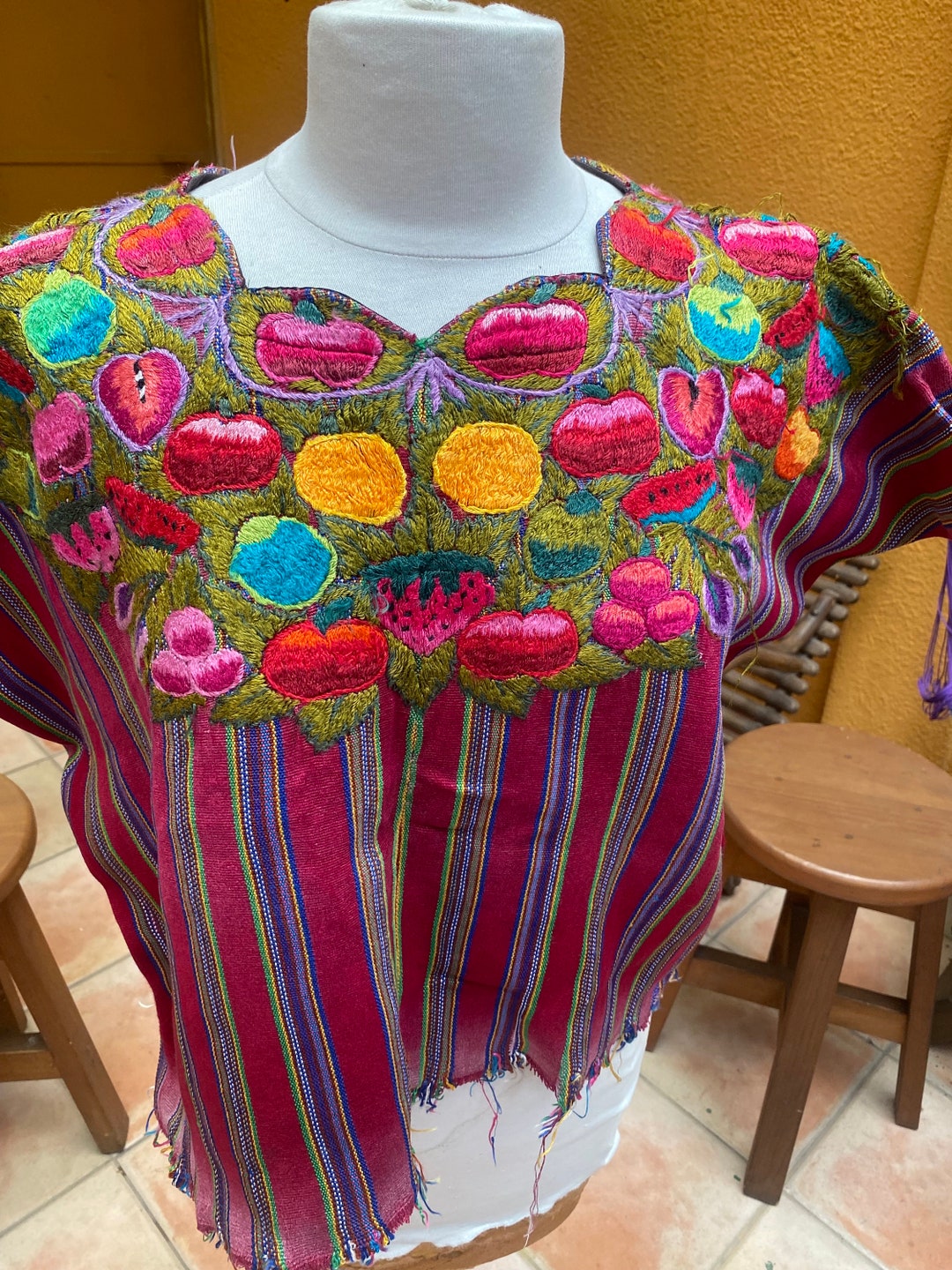 Boho Chic Vintage Mayan Huipil From Patzun in Rich Fruit Design Over a ...