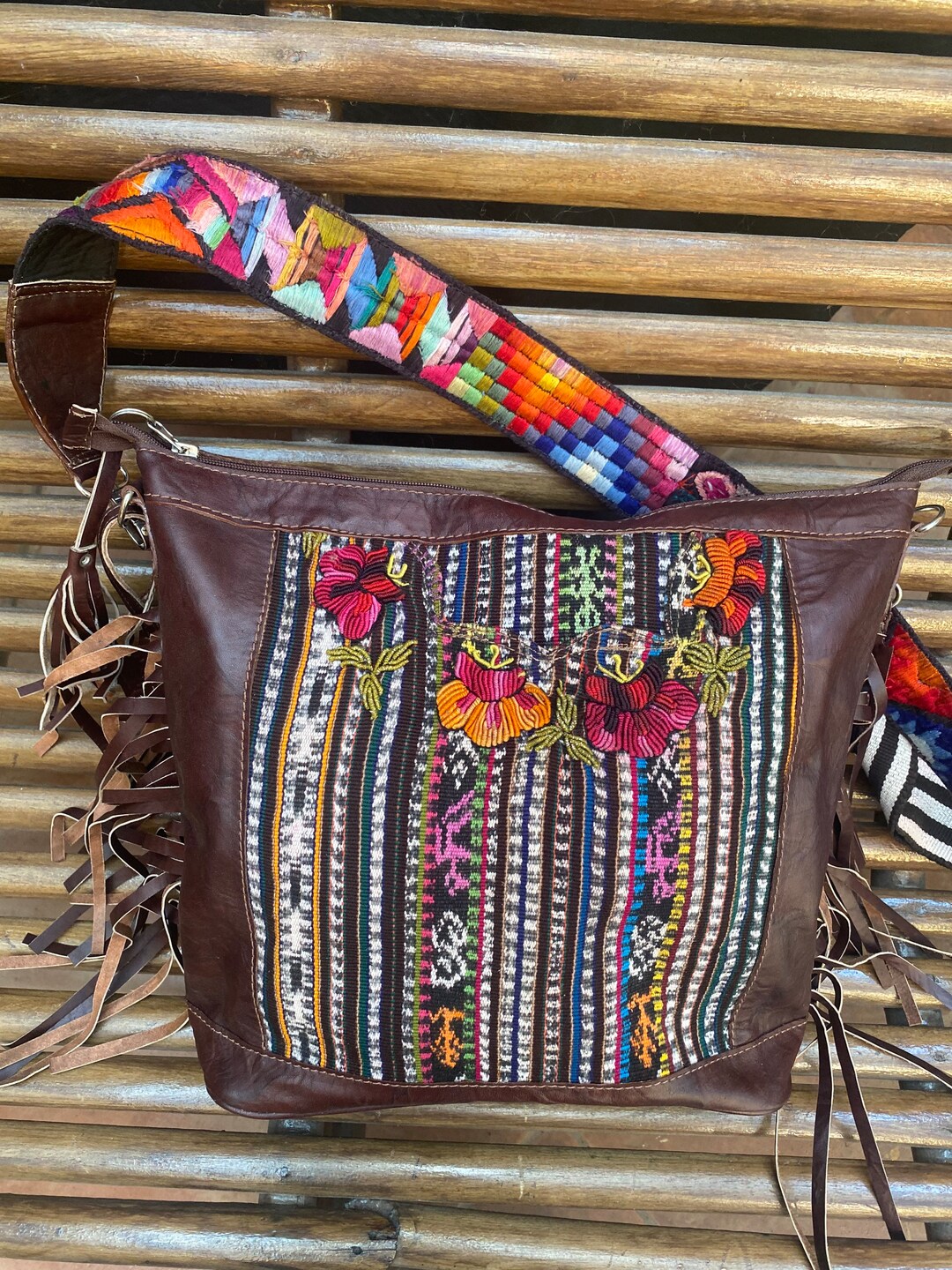 Save 35 Dollars Unique Fringe Bag Maya Huipil and Natural Cowhide ...