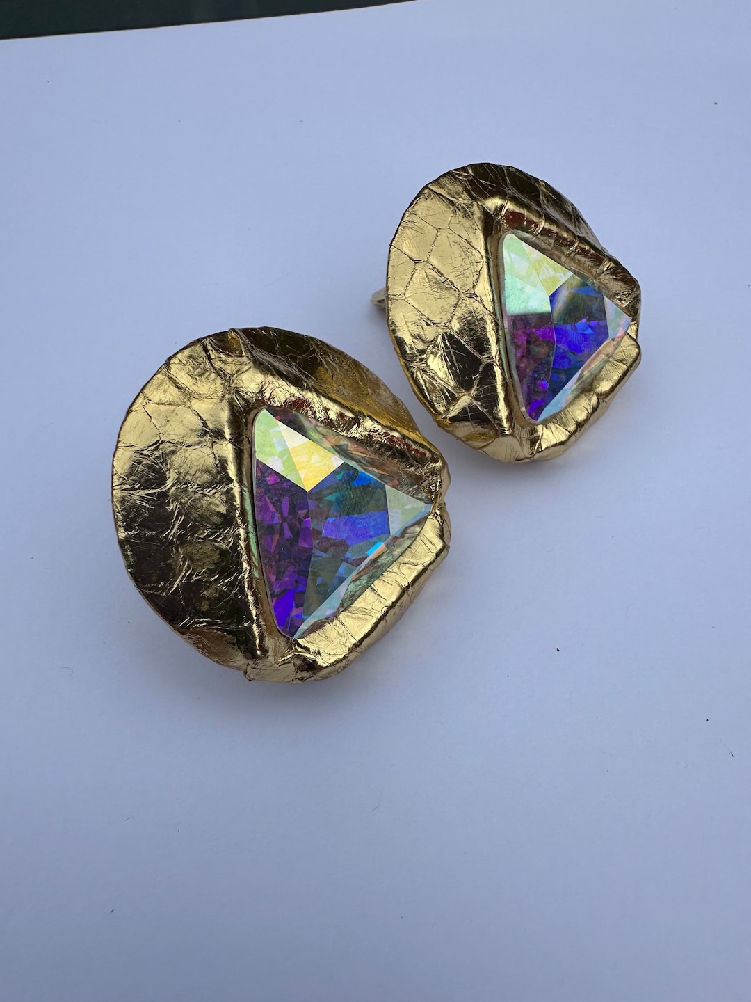 Duane Fitzgerald Aurora Borealis Crystal Clip on Earrings in Leather - Etsy