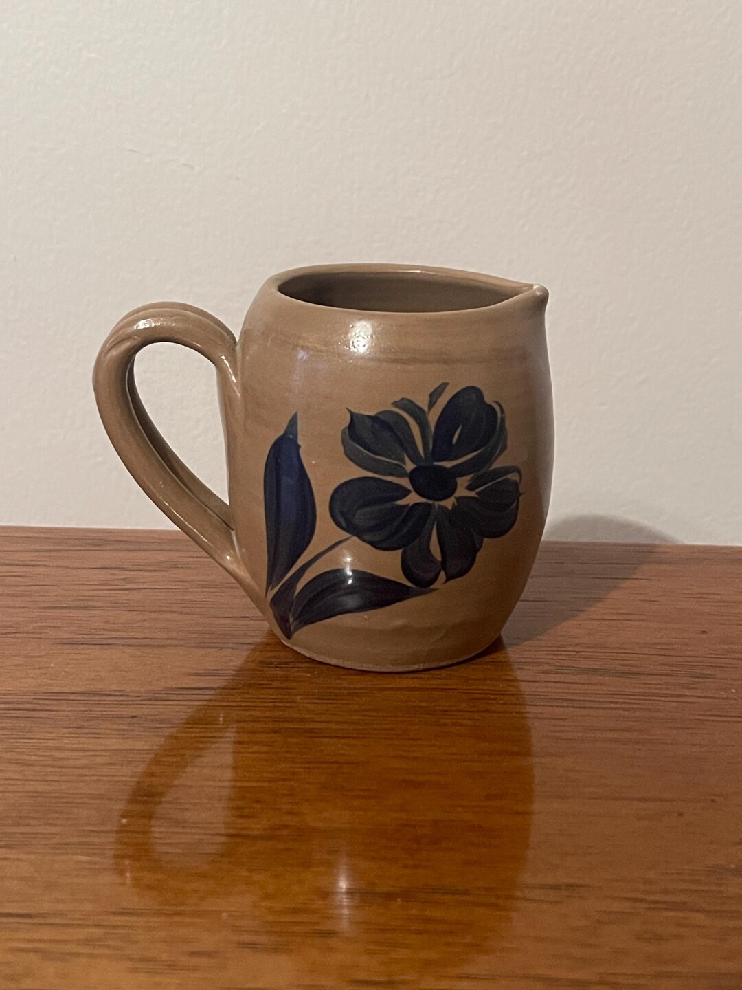 Small Pottery Pitcher With Handle and Blue Flower - Etsy