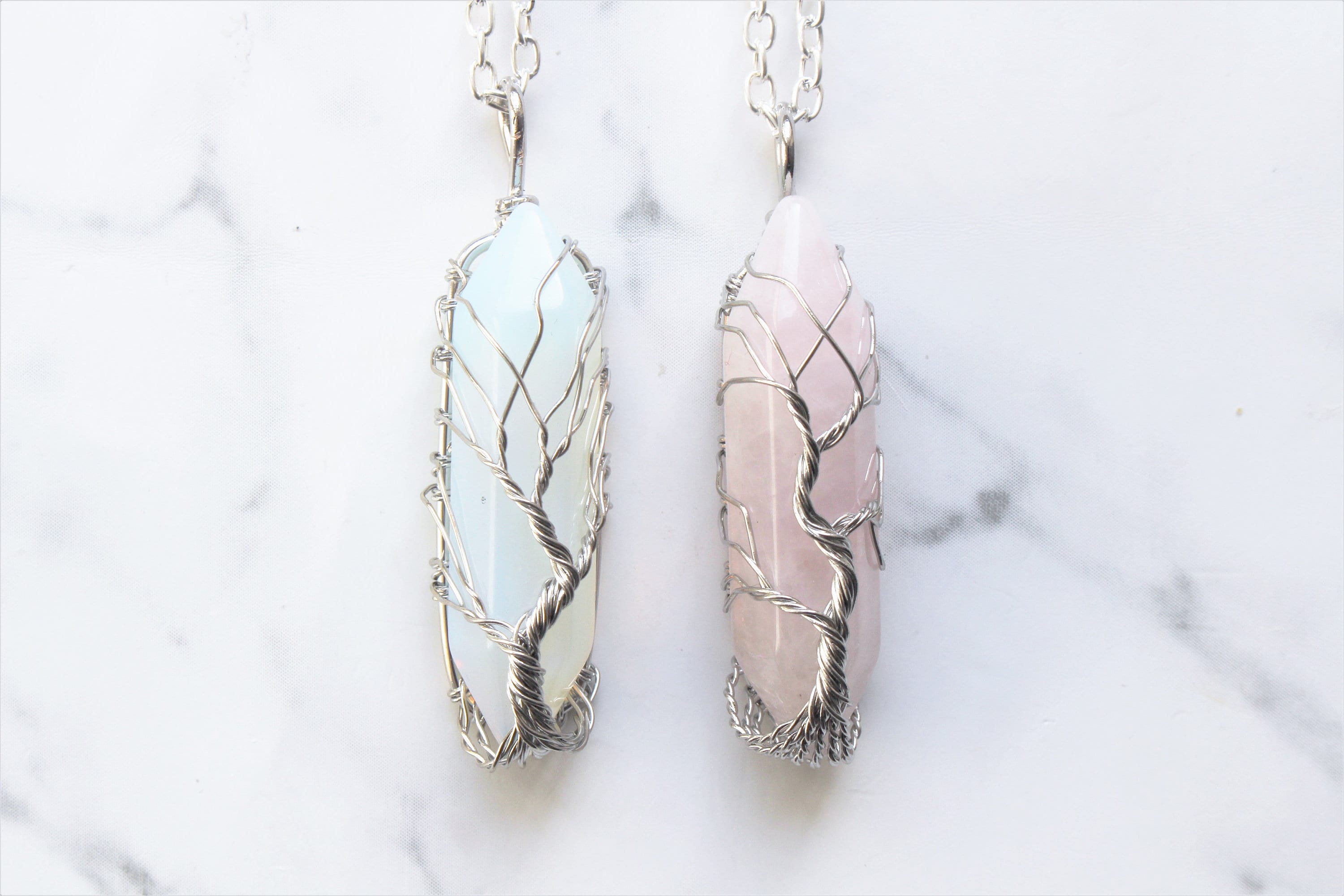 Opal OR Rose Quartz Wire Wrap Tree Necklace Silver Non Tarnish - Etsy UK
