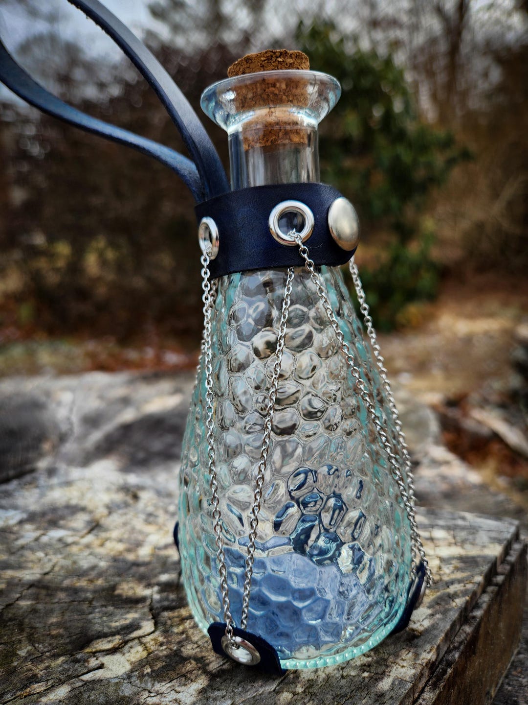 Leather Potion Holder With Silver Chain, Blue Belt Bottle Holder ...