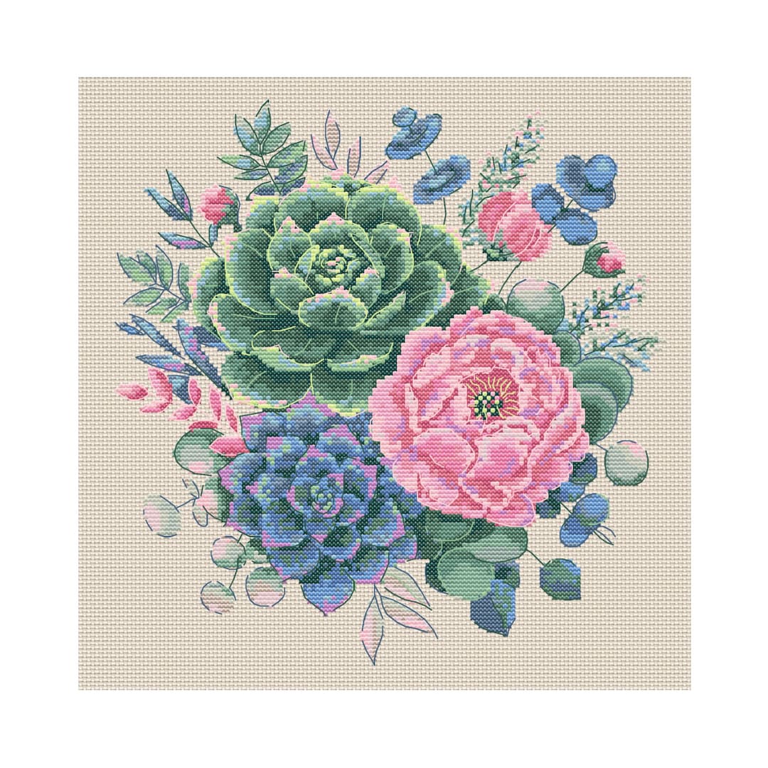 Cushion With Flowers and Succulents Botanical Art Cross Stitch Chart ...