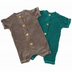 Organic Terry Baby Romper: Unisex Short Sleeve Playsuit With Olive Wood ...