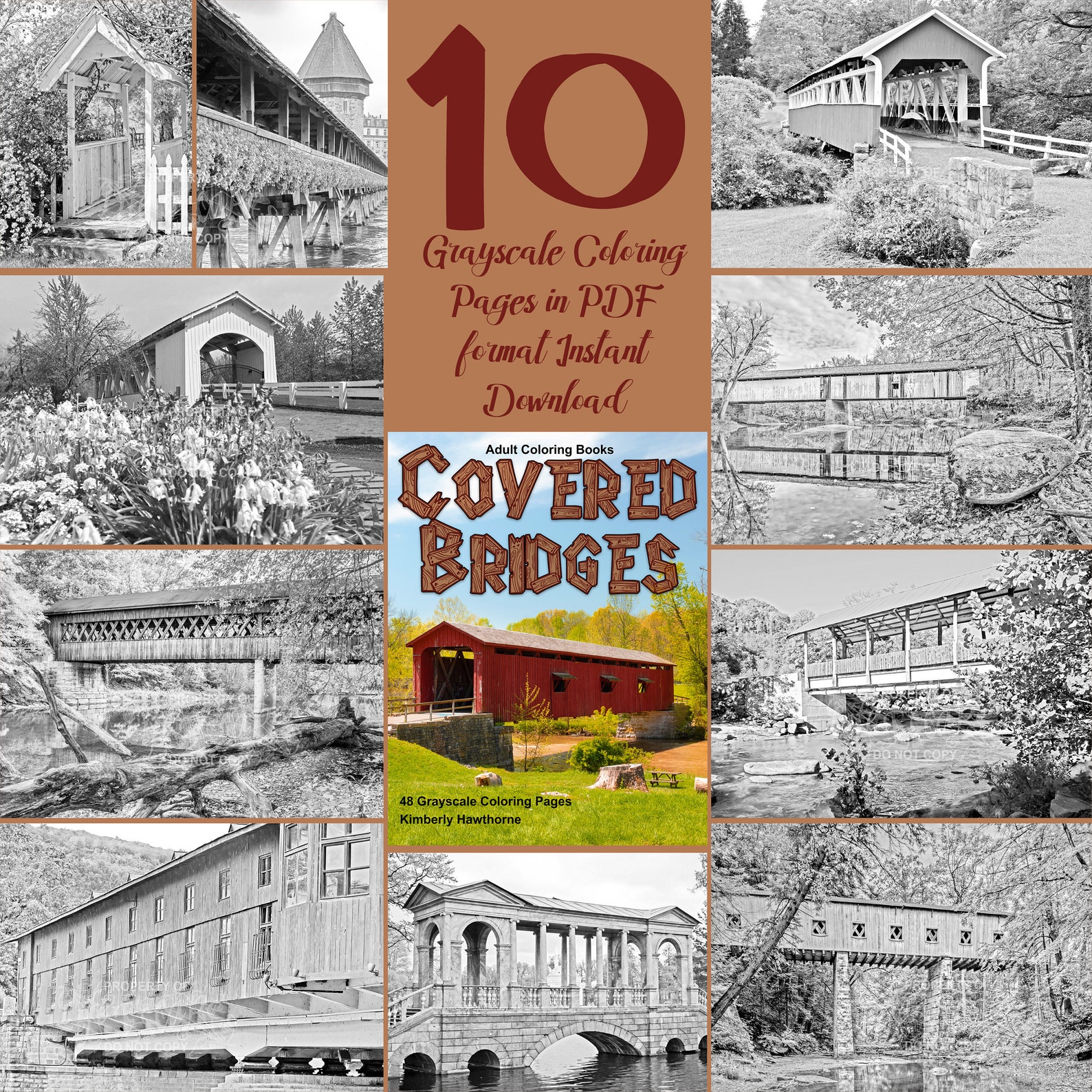 Coloring Book covered Bridges Sampler 10 Grayscale Coloring Pages for ...