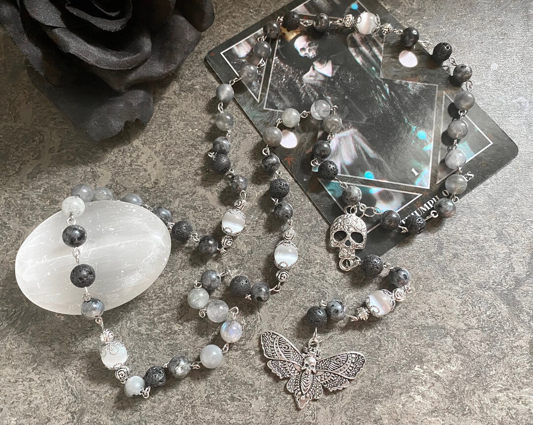 Hades King of the Underworld Skull Rosary Necklace, Black Moonstone ...