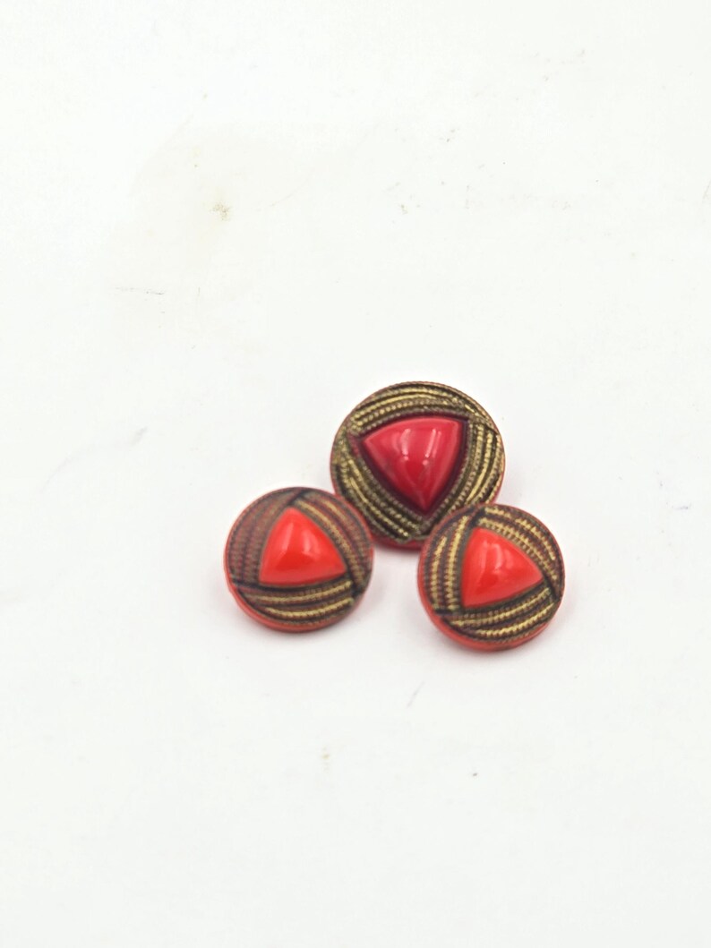 3 Vintage Buttons, Deco Glass Buttons, Red Glass With Gold Accents ...