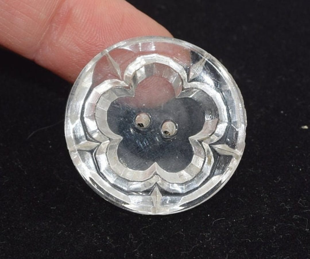 Vintage Button, 1 Pressed Faceted Cut Clear Glass Button, Cut Flower ...