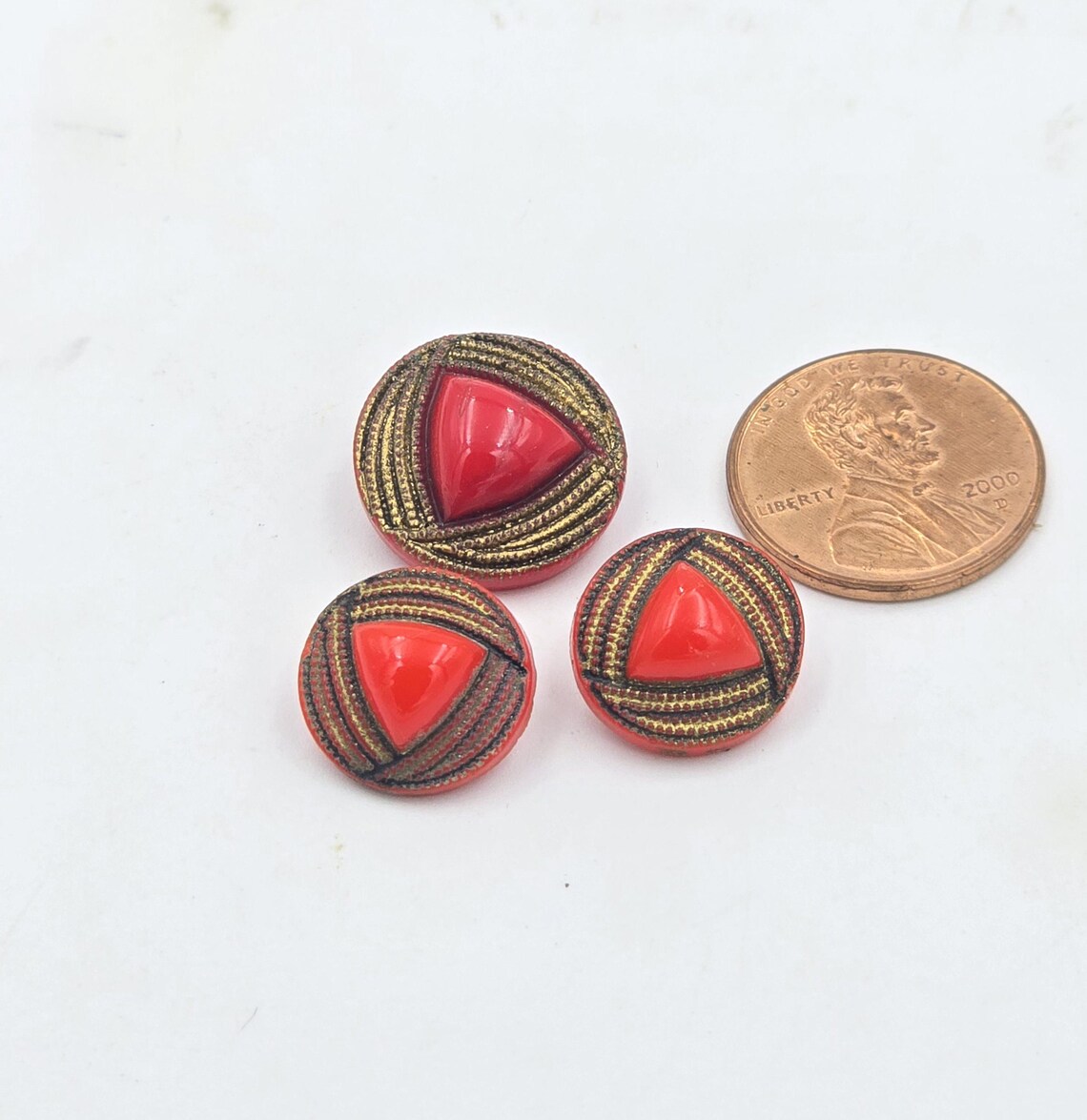 3 Vintage Buttons, Deco Glass Buttons, Red Glass With Gold Accents ...