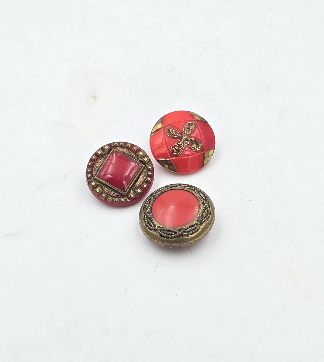 3 Vintage Buttons, Deco Glass Buttons, Red Glass With Gold Accents ...