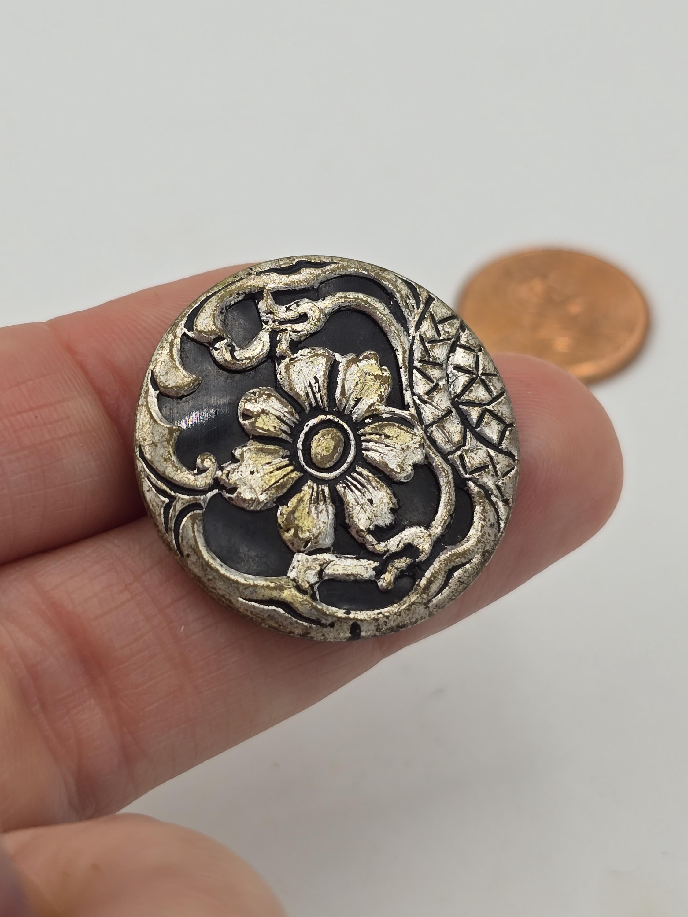 Antique Enamel Button, Silver and Black, Flower Button, Deco Button ...
