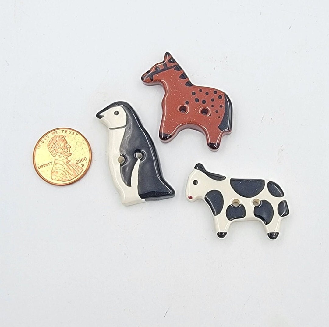 3 Vintage Buttons, Painted Ceramic Buttons, Penguin Button, Horse ...