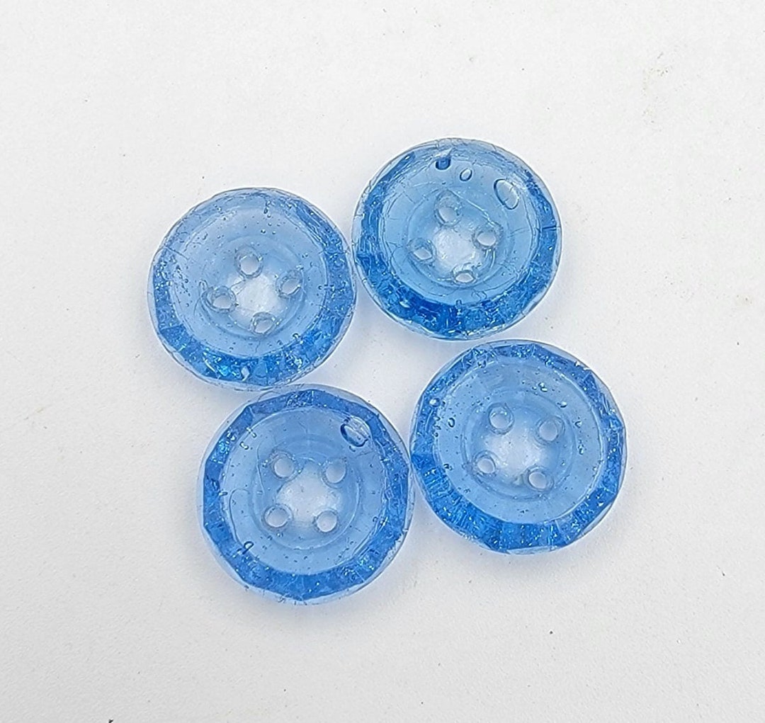 4 Vintage Buttons, Round Button, Concave Center, Hand Cut, Blue Glass ...