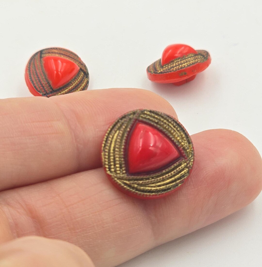 3 Vintage Buttons, Deco Glass Buttons, Red Glass With Gold Accents ...