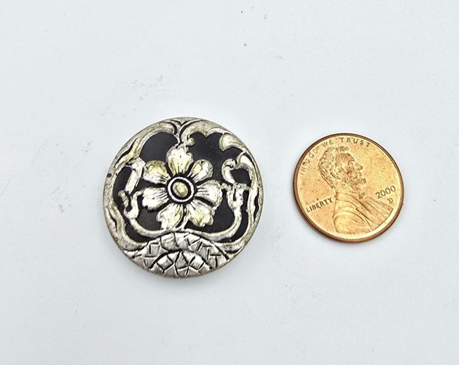 Antique Enamel Button, Silver and Black, Flower Button, Deco Button ...