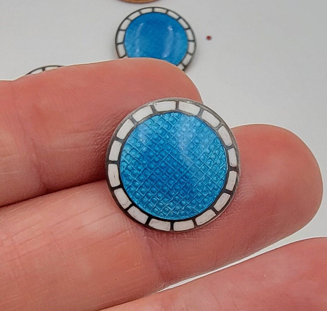 Antique Sterling Silver Enamel Button: French Enamel, Aqua Blue With a ...