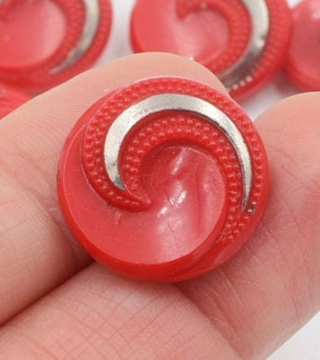 Red Glass, Buttons, Mid Century, Red Glass With Silver Swirl Accents ...