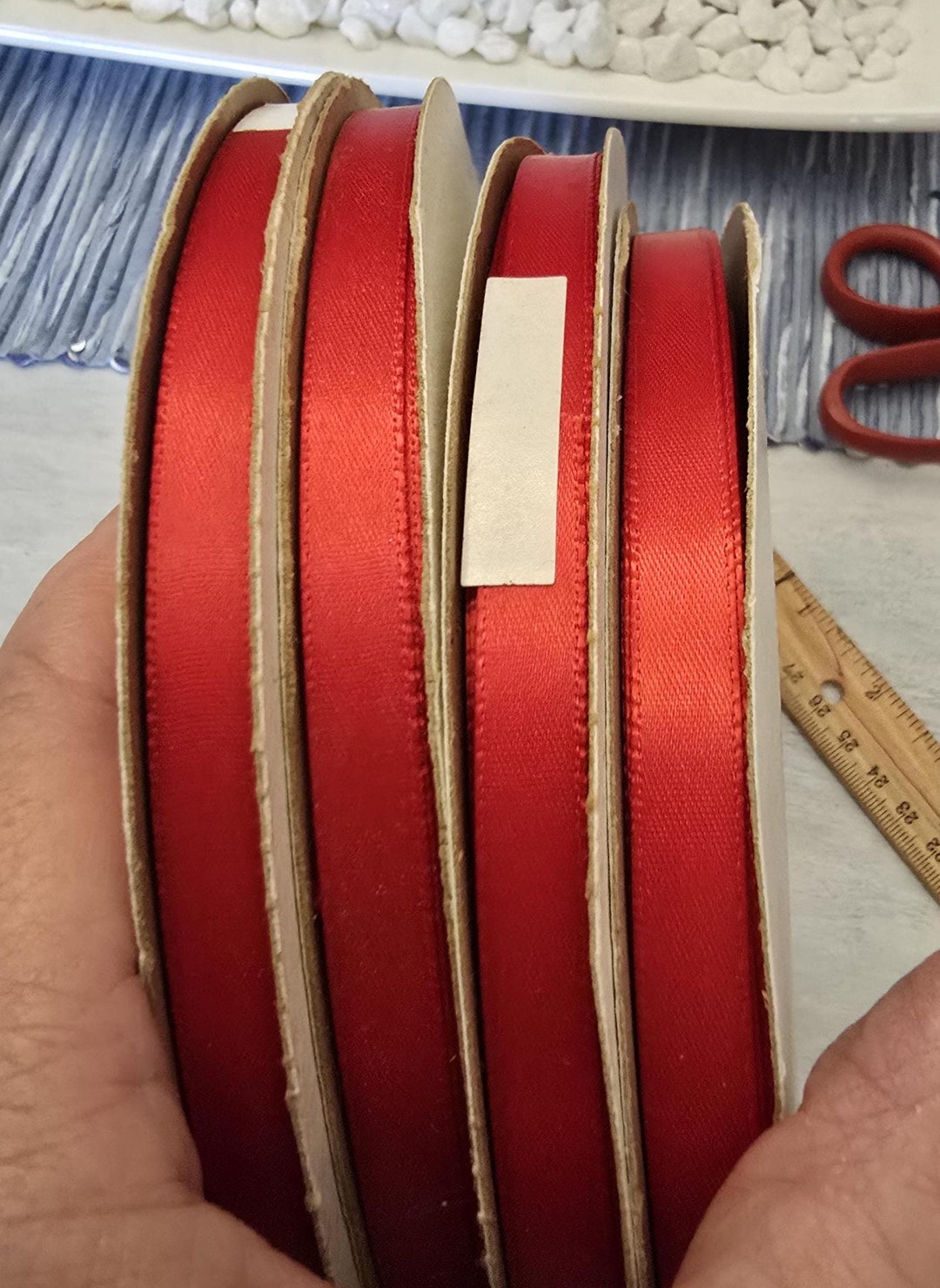 Vintage Fabric Ribbon, Red Ribbon, Red Polyester Satin Ribbon, Trim ...