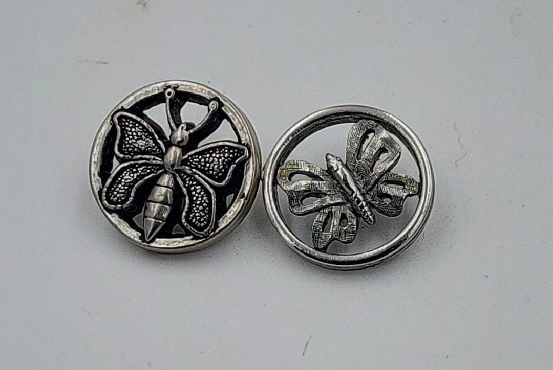 2 Vintage Buttons, Silver Shank Button, Butterflies, Vintage, Medium ...