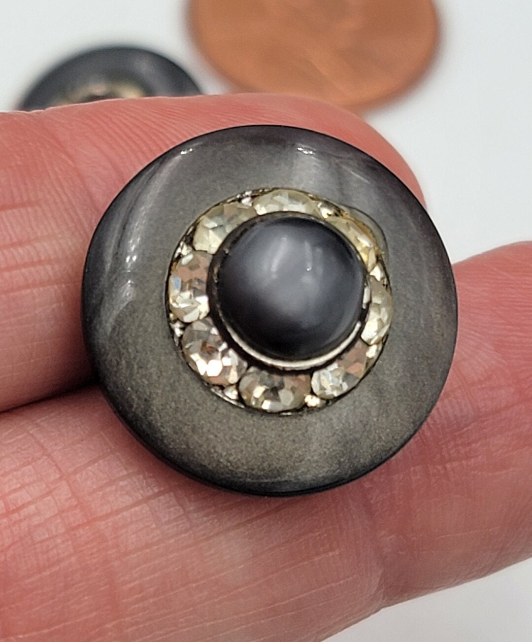 4 Vintage Buttons, Gray Celluloid, Round With Rhinestones, Smokey Gray ...