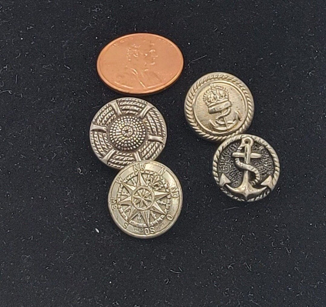 4 Vintage Buttons, Silver Metal Pattern, Nautical Theme, Mid Century ...