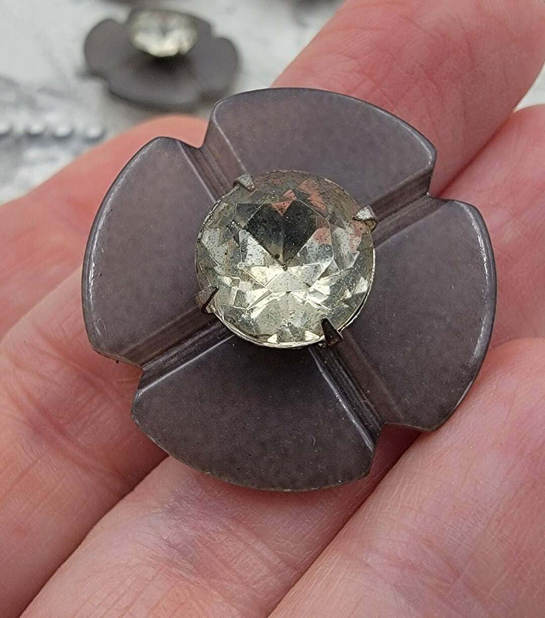 Vintage Buttons, Grey Lucite Button, Clear Center, Flower, Rhinestone ...