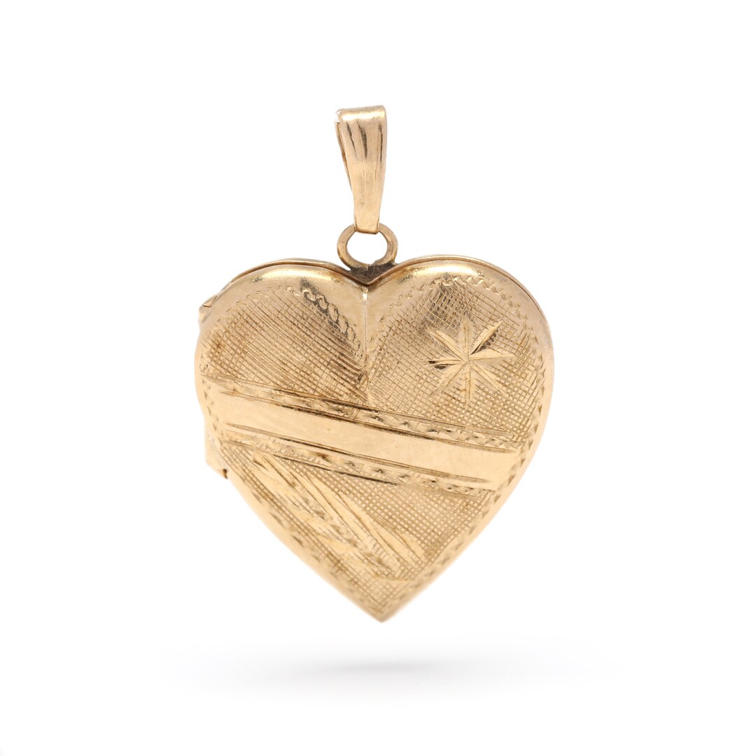 Small Gold Engraved Heart Locket Pendant, 14K Yellow Gold, Length 7/8 ...