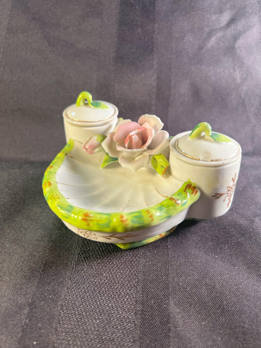 Vintage Porcelain Inkwell With Pink Rose Centerpiece - Etsy