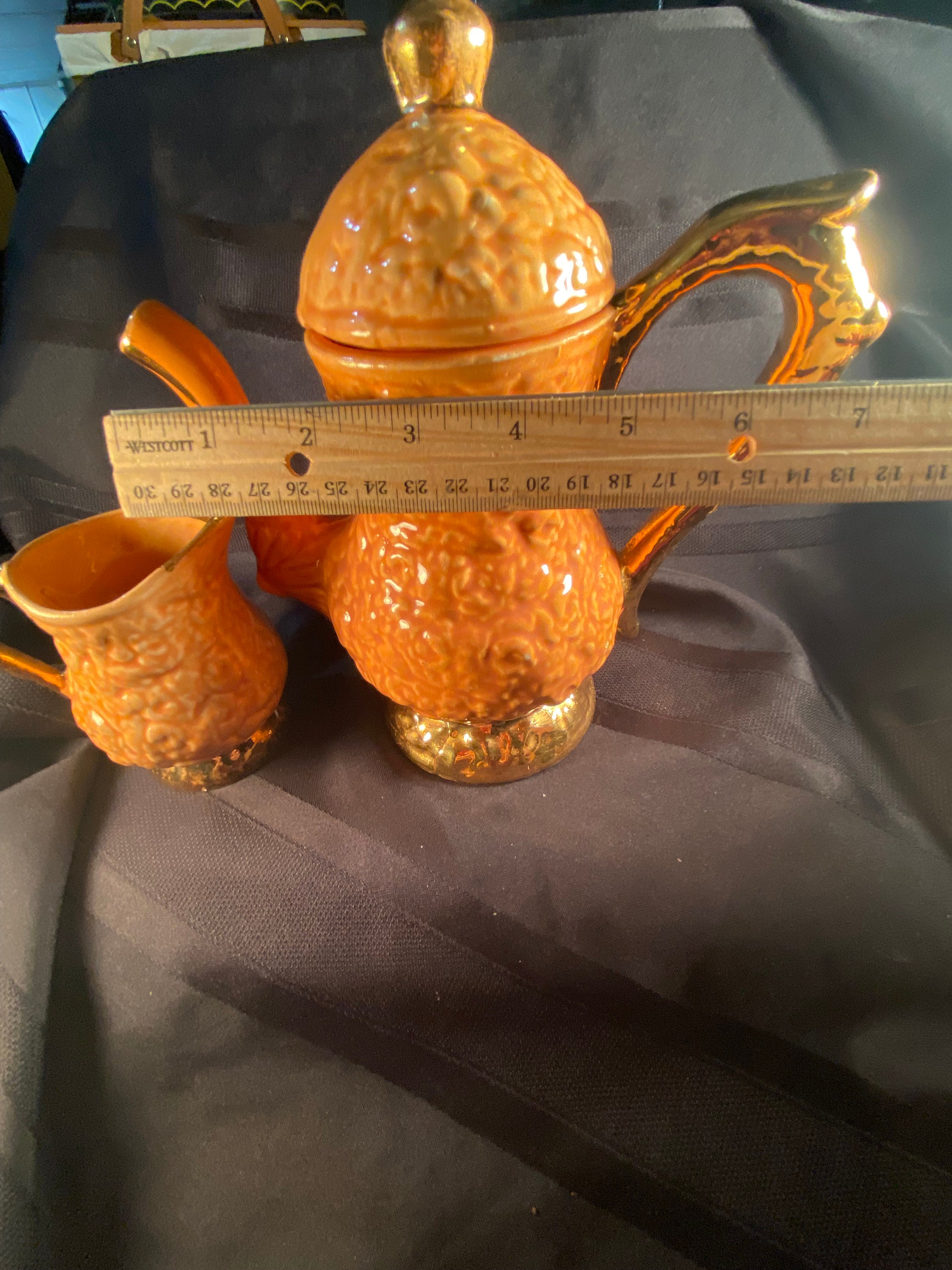 Vintage Ceramic Orange and Gold Tea Set With Creamer and Sugar Servers ...