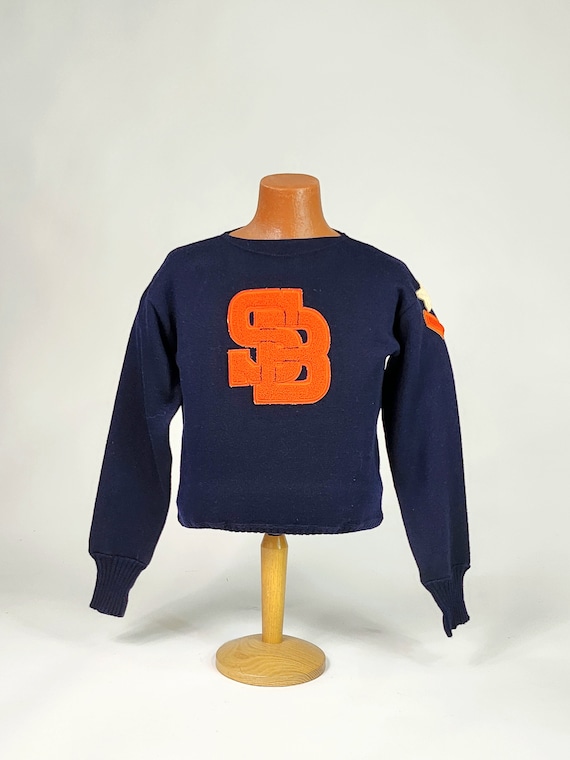 1950s Navy Blue Letterman Sweater with Orange Letteri… - Gem