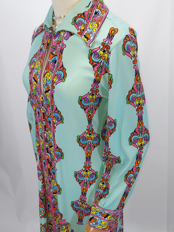 1970s Maurice by C. Rizza Polyester Printed Teal Midi… - Gem