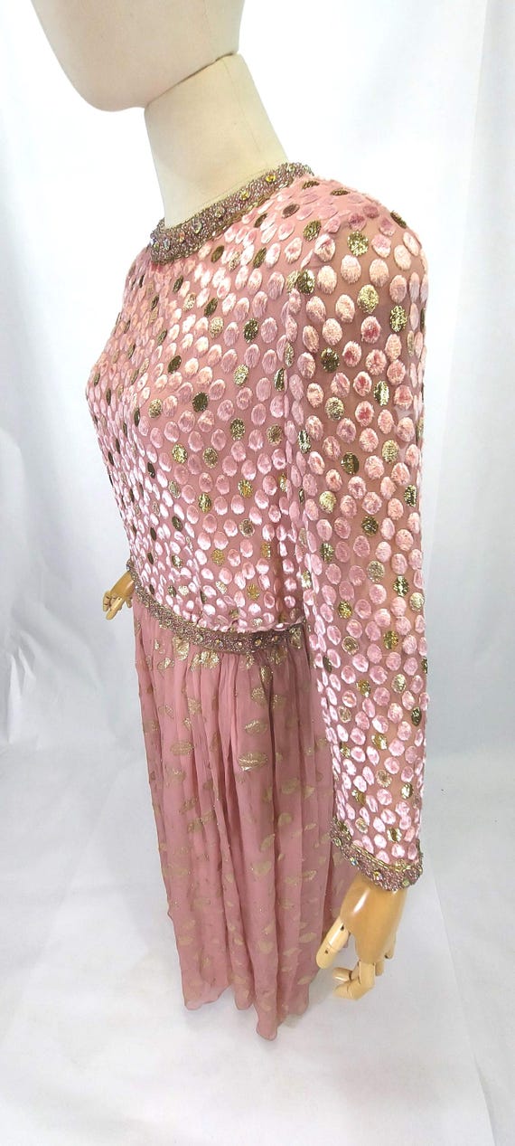 1980s Adele Simpson Pink Flocked Bodice Evening Gown … - Gem