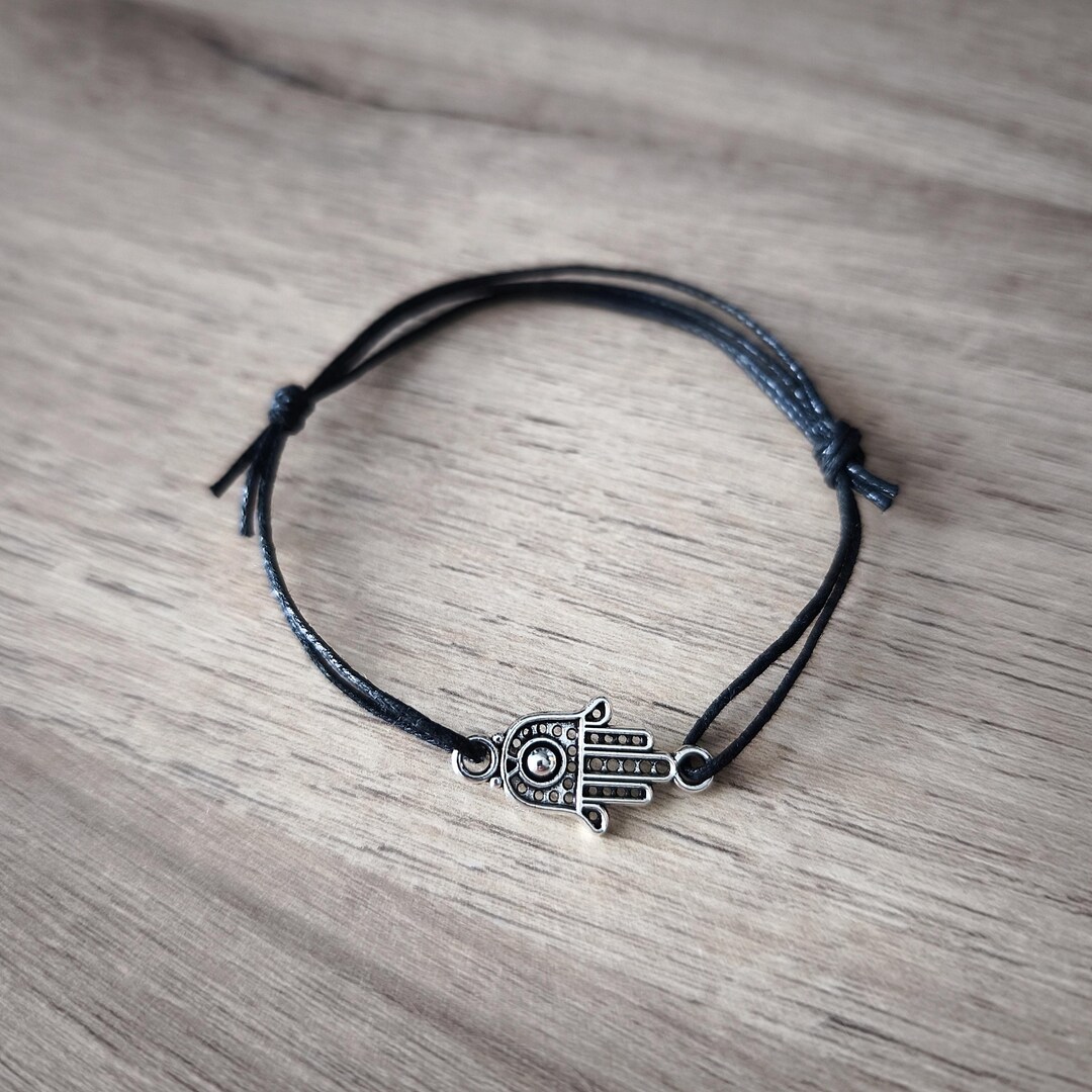 Hamsa Hand Cord Bracelet,tibetan Silver Hamsa Hand Black Adjustable ...