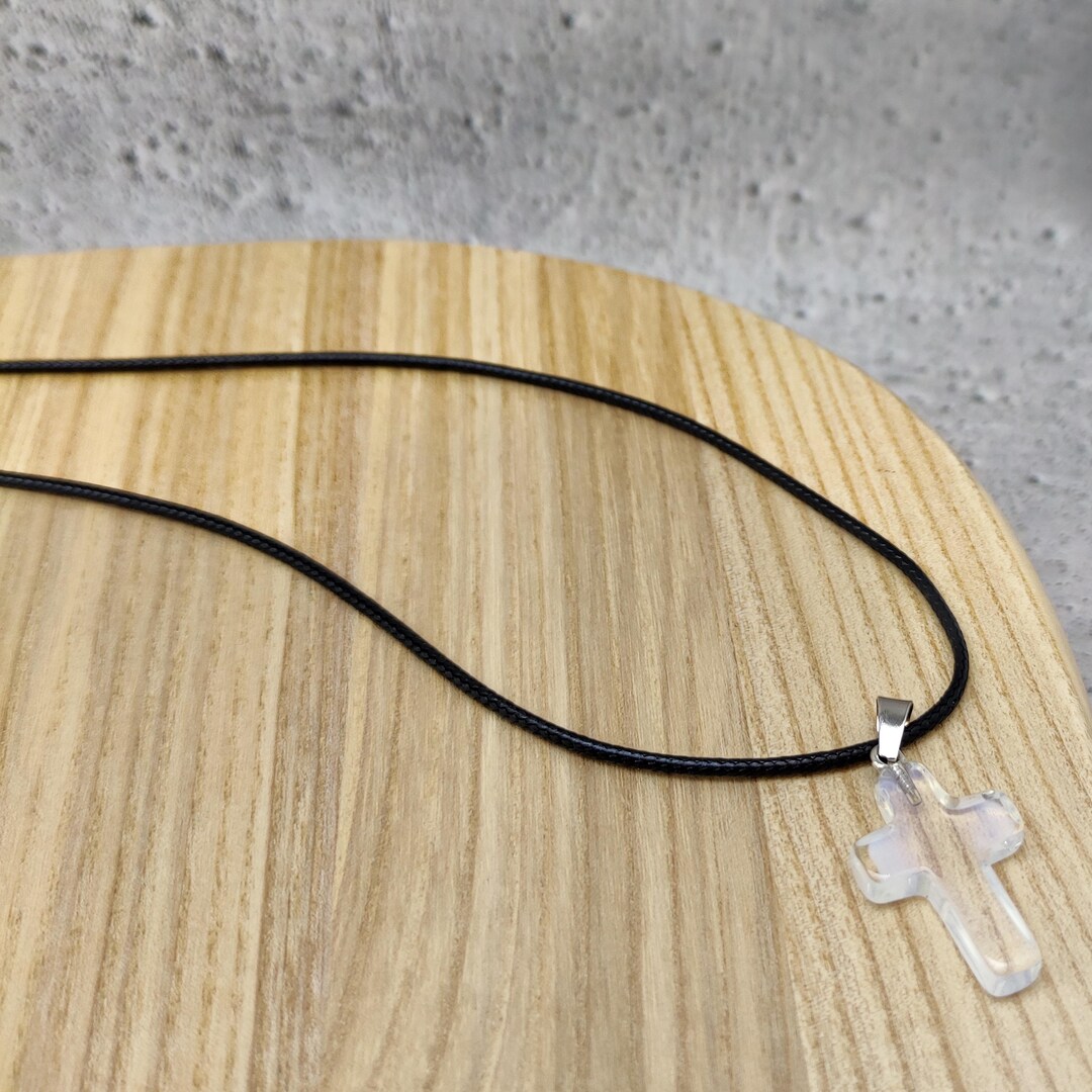 Clear Glass Cross Necklace, Cross Necklace, Cord Necklace, Clear Glass ...