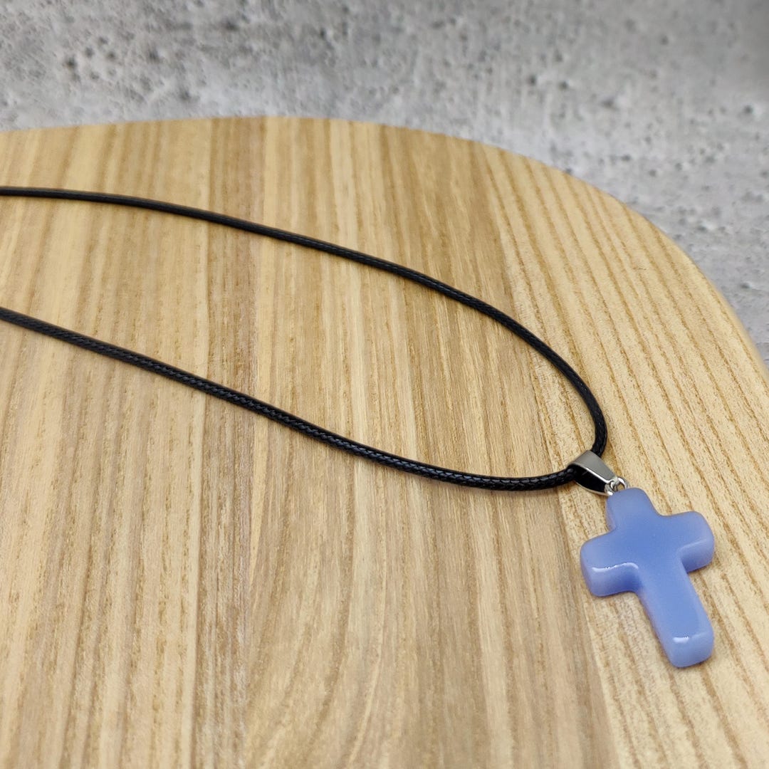 Smooth Blue Glass Cross Necklace, Cross Necklace, Cord Necklace, Blue ...