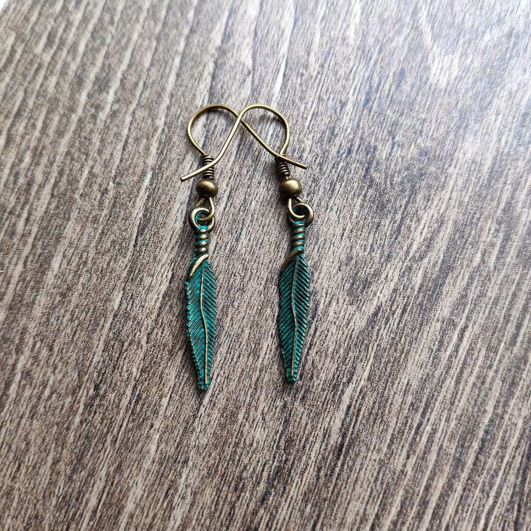 Turquoise Feather Earrings, Bronze Earrings, Rustic Earrings, Gift for ...