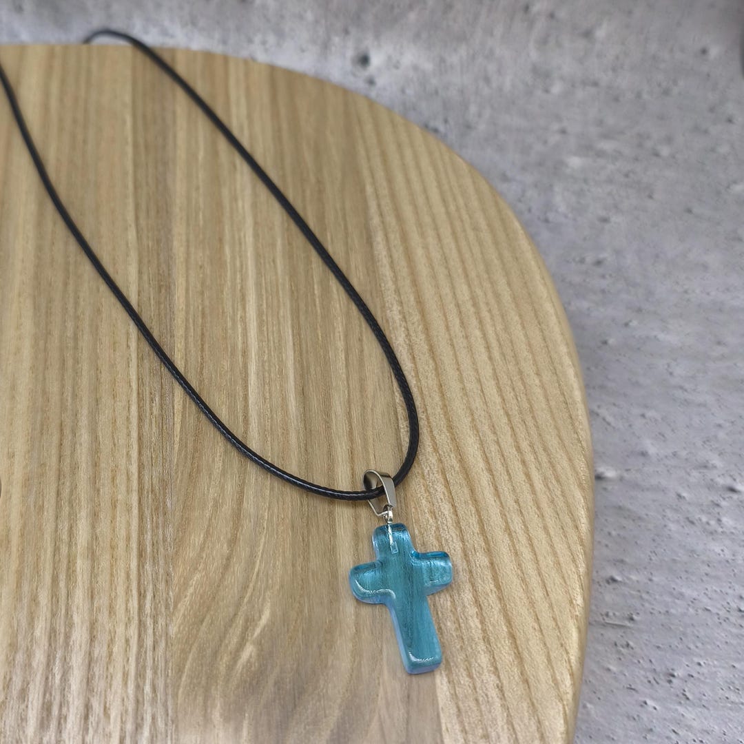Sky Blue Glass Cross Necklace, Cross Necklace, Cord Necklace, Sky Blue ...