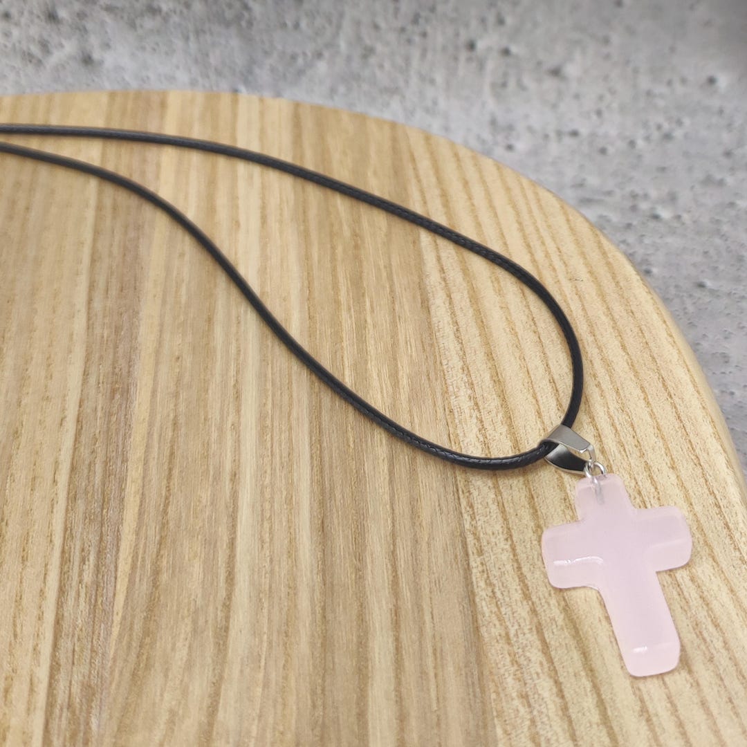 Pink Smooth Glass Cross Necklace, Cross Necklace, Cord Necklace, Pink ...