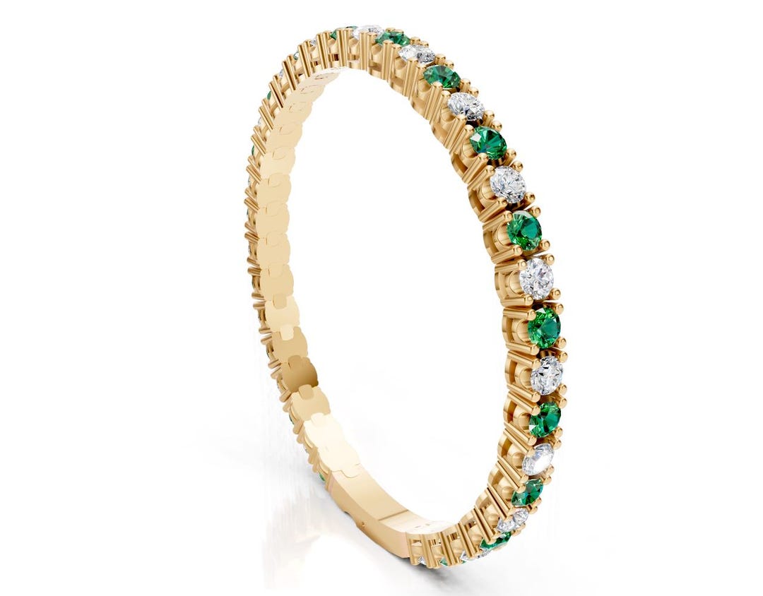 14K Gold Alternating Gemstone & Diamond Fullway Flexible Bangle – Round ...